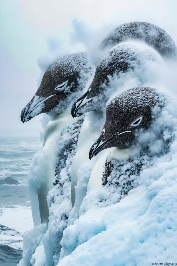 Two Penguins Standing on a Snowcovered Iceberg in the Sky Stock Photo ...