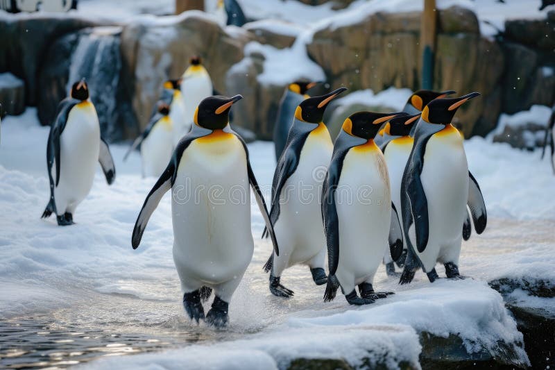 A Group of Penguins Walking in the Snow, a Delightful Scene of Penguins ...