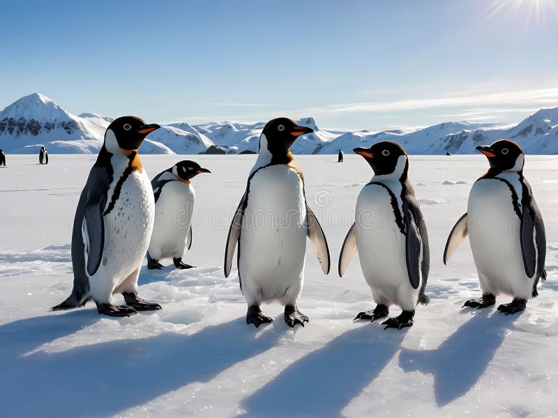 A Group of Penguinswadding on a Frosty Ice Sheet, with a Pale Winter ...