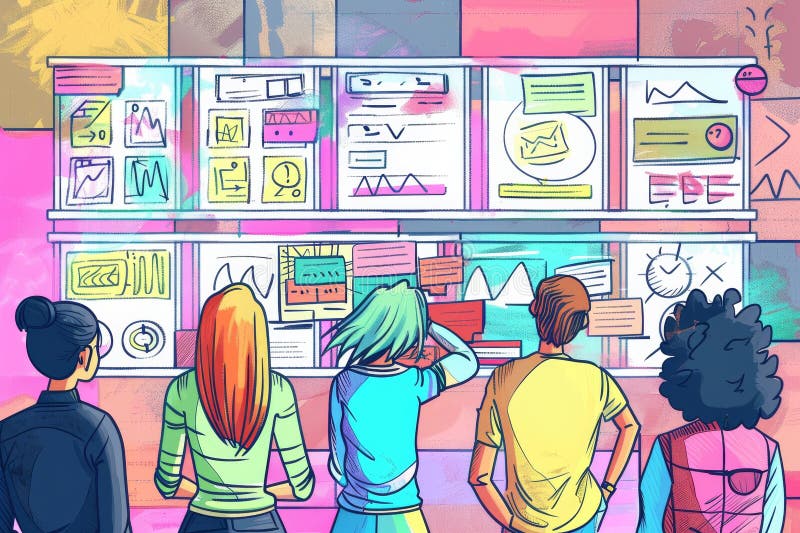 Group of People Analyzing Data on Information Wall, Develop a Visual Storyboard Outlining the ...