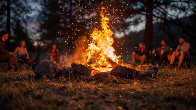 Group of People Around a Campfire at Dusk Stock Photo - Image of ...
