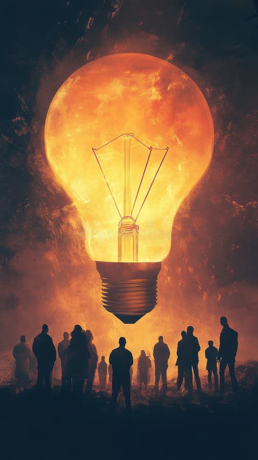 Group of People Around Giant Light Bulb Glowing at Dusk Stock Image ...