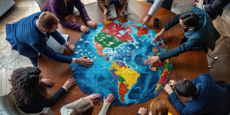 Group of People Assembling a World Map Puzzle Stock Illustration ...