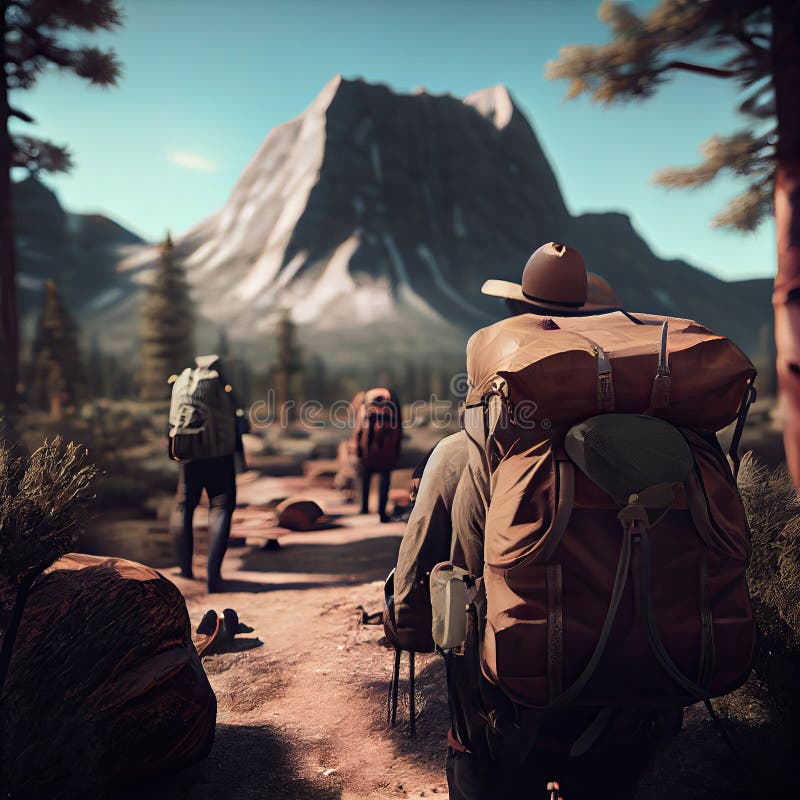 A Group of People with Backpacks Walking on a Stock Illustration ...