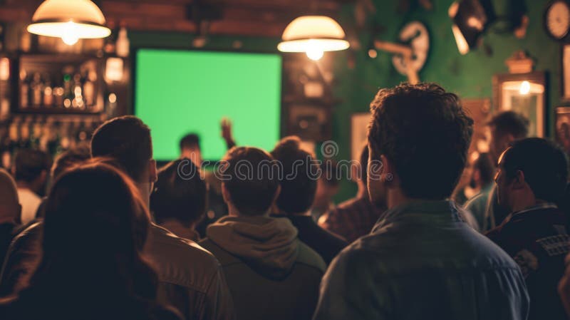 Group of People in a Bar Watching a Television Screen with a Green ...