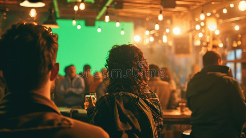 Group of People in a Bar Watching a Television Screen with a Green ...