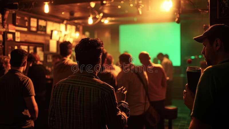Group of People in a Bar Watching a Television Screen with a Green ...