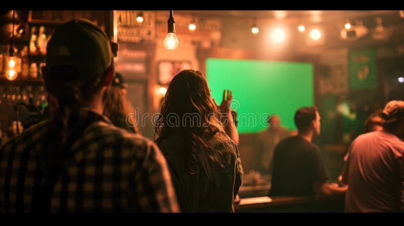 Group of People in a Bar Watching a Television Screen with a Green ...