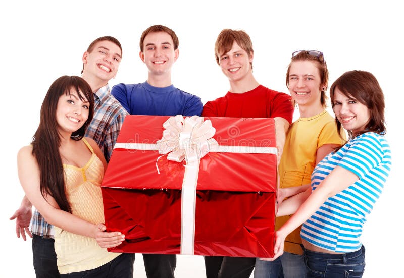 Group of People with Big Red Gift Box. Stock Image - Image of team ...