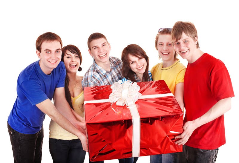 Group of People with Big Red Gift Box. Stock Image - Image of person ...
