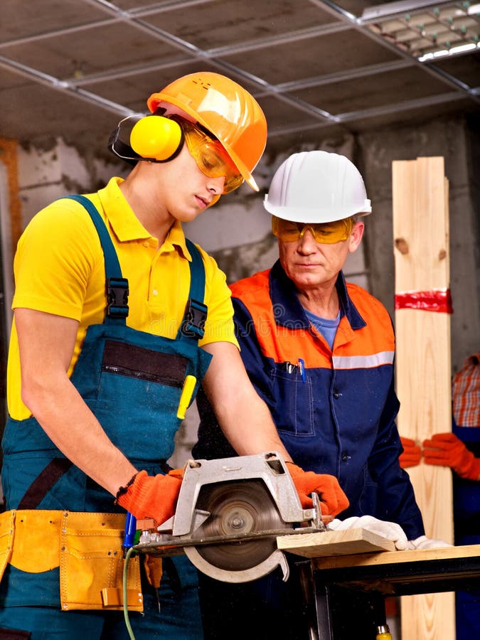 Group People Builder with Circular Saw . Stock Image - Image of elder ...