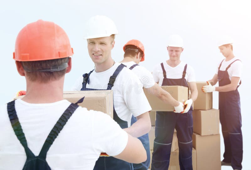 Group of People Builders with Boxes Stock Photo - Image of courier ...