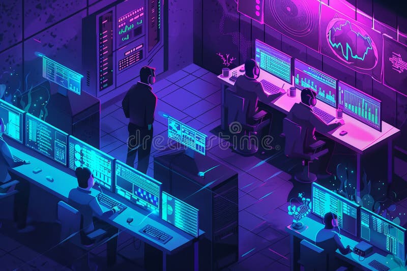 Group of People Busily Working on Computers at a Desk in a Modern ...