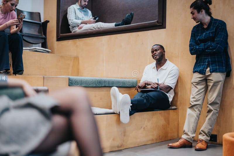 Group of People in a Casual Office Space Engaging in Conversation and ...