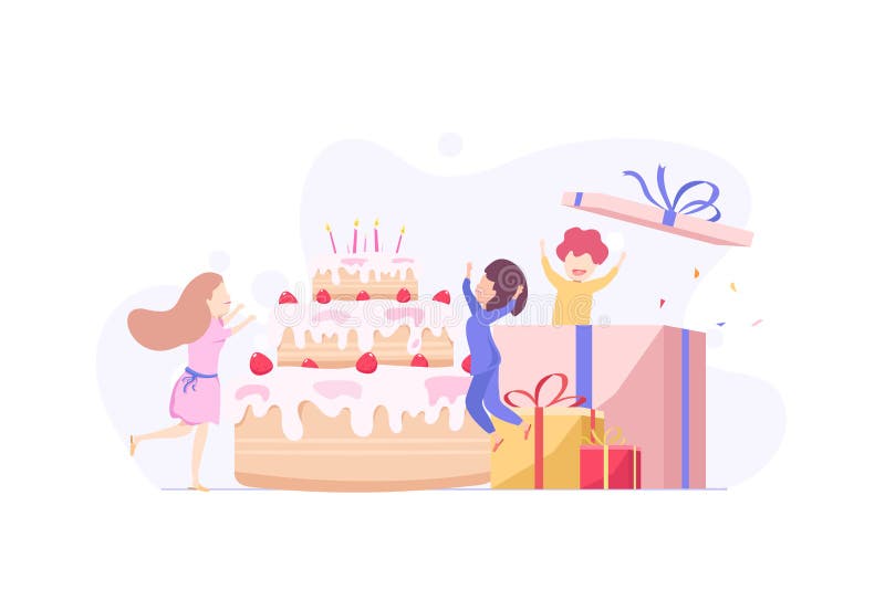 Group of People Celebrating Birthday Party with a Big Cake and Gift Box ...