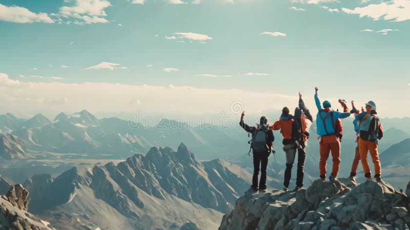 A Group of People Celebrating and Standing on Top of a Mountain Summit ...