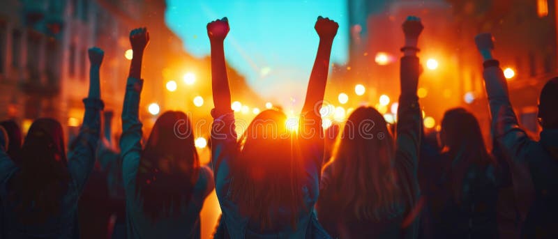 A Group of People Celebrating a Victory, Hands Raised in the Air ...