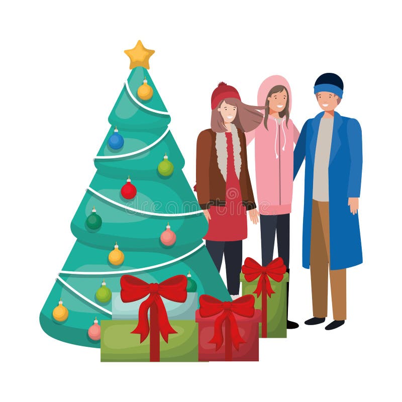 Group of People with Christmas Tree and Gifts Stock Vector ...
