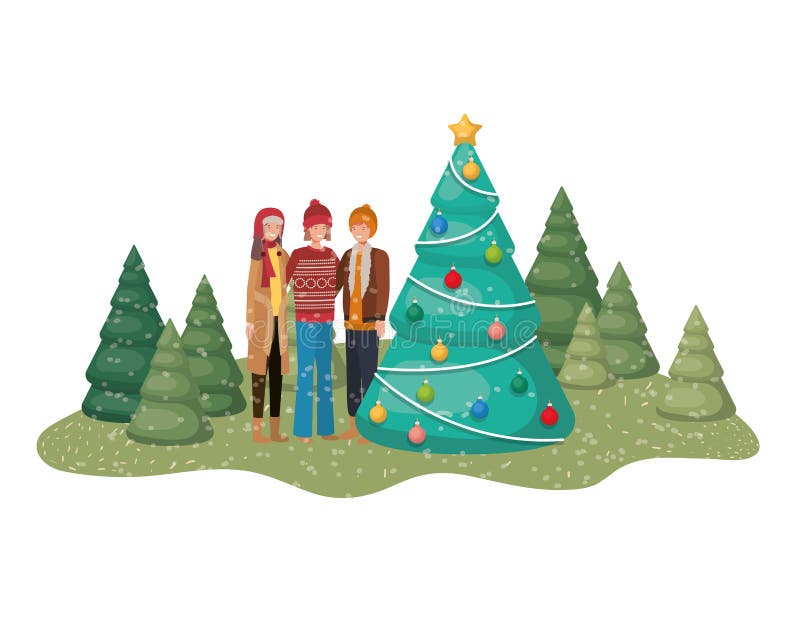 Group of People with Christmas Tree in Landscape Stock Vector ...