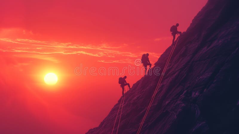 A Group of People Climbing a Mountain with the Sun Setting in Front, AI ...