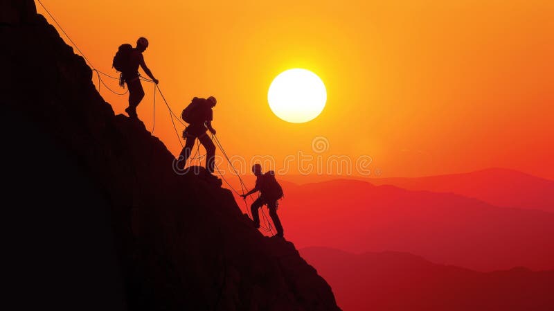 A Group of People Climbing a Mountain at Sunset, AI Stock Photo - Image ...