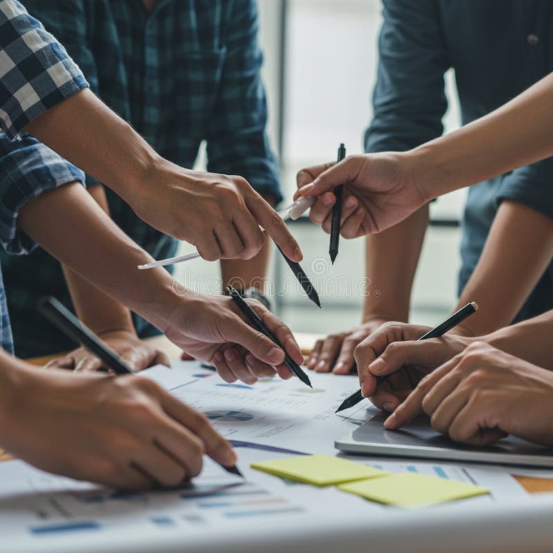 A Group of People Collaborate Around a Table, Pointing at Documents ...