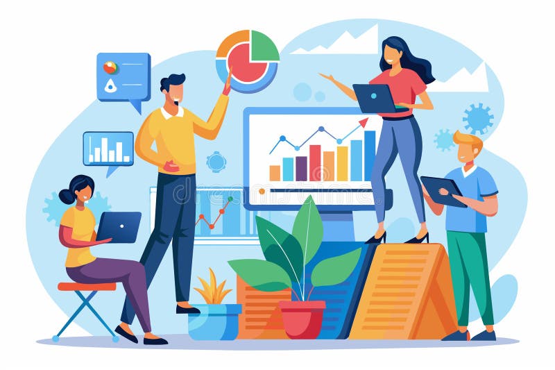 A Group of People Collaborates Using Laptops and Charts To Study Growth ...