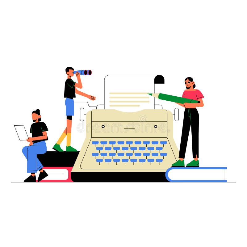 Group Writing Around Typewriter in Flat Vector Illustration Symbolizing ...