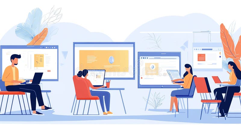 Group of People Collaborating in a Modern Workspace Using Laptops and ...