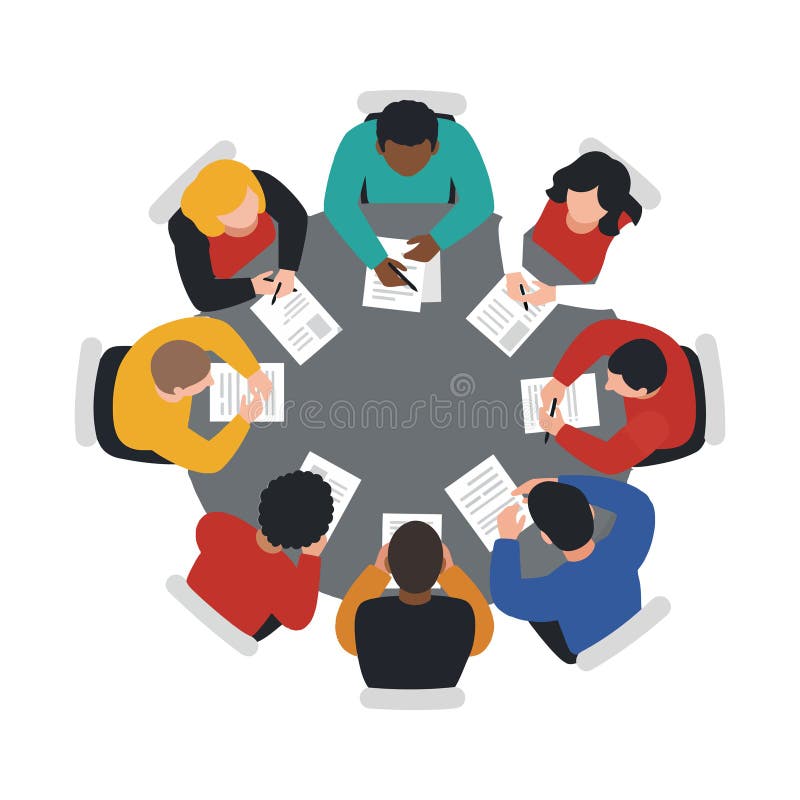 Group of People Collaborating at a Round Table in Flat Vector Art Stock ...