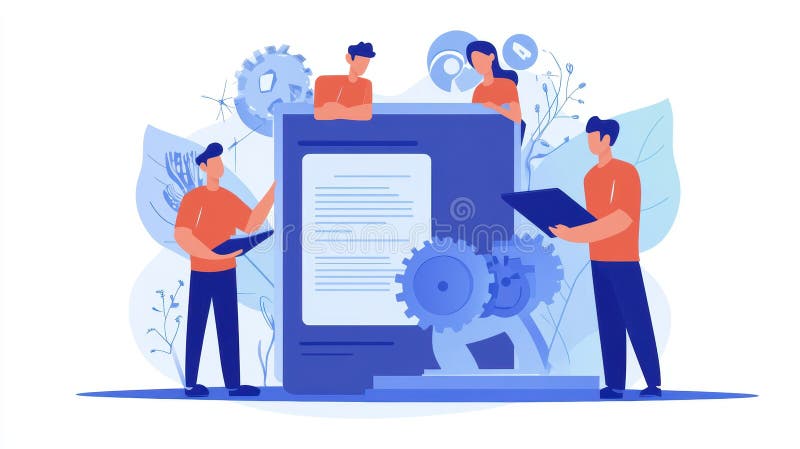 Group of People Collaborating with Technology and Gears Illustration ...