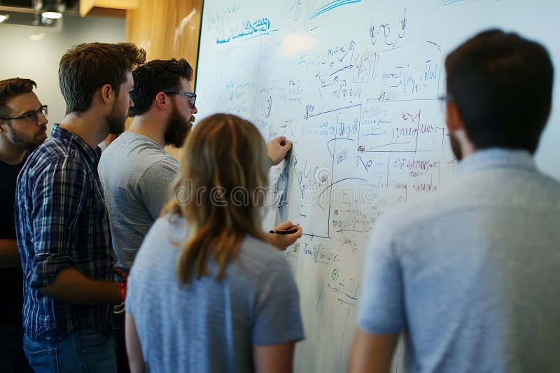 Group of People Collaborating on a Whiteboard with Diagrams and ...