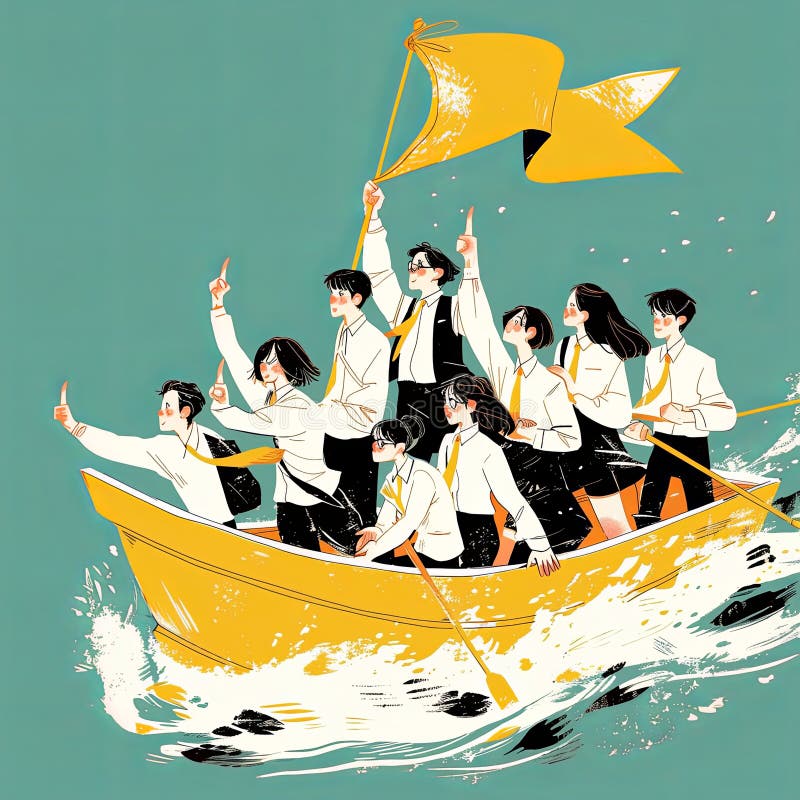 Group of People Collaboratively Navigating a Boat through a Wave Stock ...