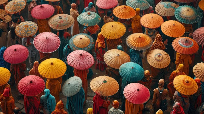 A Group of People with Colorful Umbrellas Standing in a Crowd, AI Stock ...