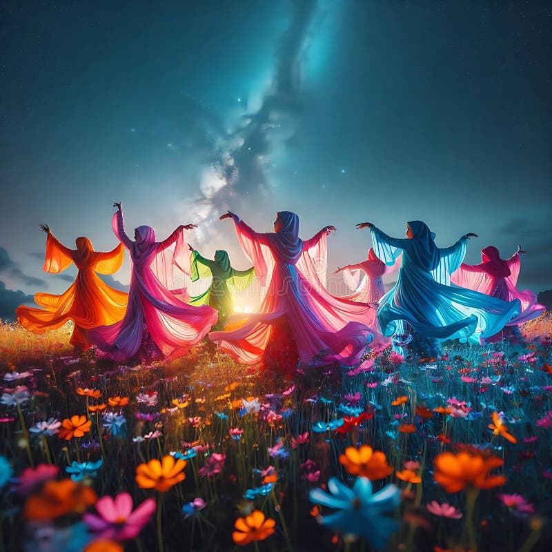 A Group of People Dancing in a Field of Wild Flowers Under a Stary Sky ...