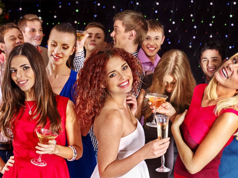 Dance Party with Group People Dancing and Disco Ball. Stock Photo ...