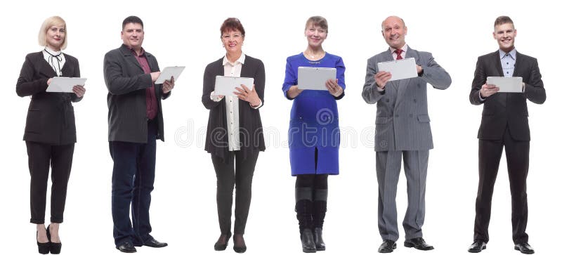 Group of People Demonstrating Tablet Looking at Camera Stock Image ...
