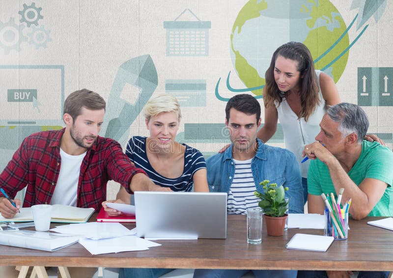 Group of People at Desk in Front of World Business Graphics Stock Image ...