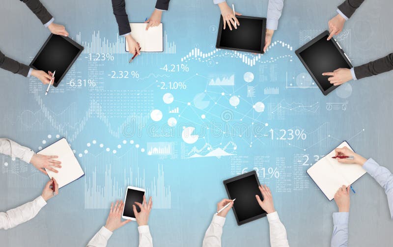 Group of People with Devices in Hands Teamworking on Laptops, Tablets ...