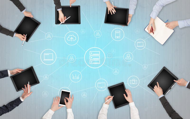 Group of People with Devices in Hands Working on Laptops and Tablets ...