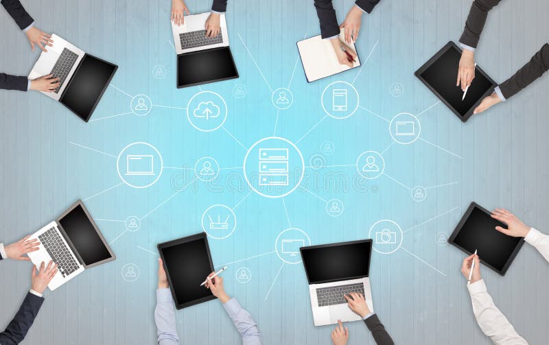 Group of People with Devices in Hands Working on Laptops and Tablets ...