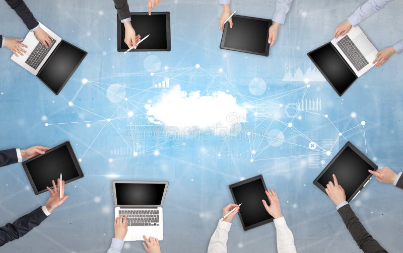 Group of People with Devices in Hands Working on Laptops and Tablets ...