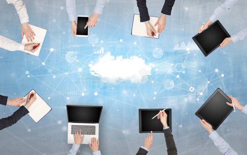 Group of People with Devices in Hands Working on Laptops and Tablets ...