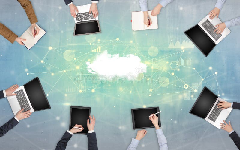 Group of People with Devices in Hands Working on Laptops and Tablets ...