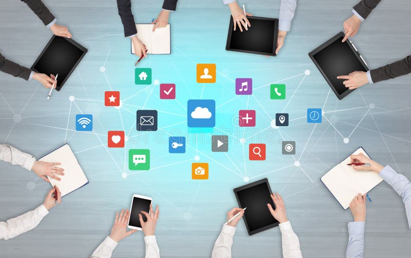 Group of People with Devices in Hands Working on Laptops and Tablets ...