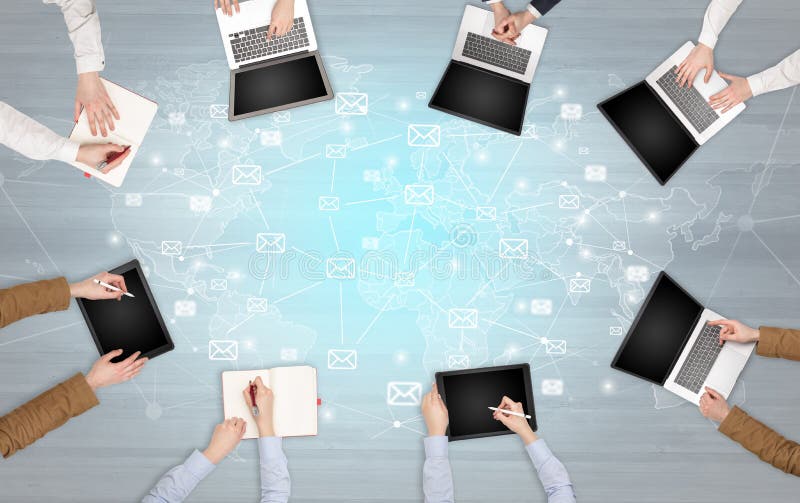 Group of People with Devices in Hands Working on Laptops and Tablets ...