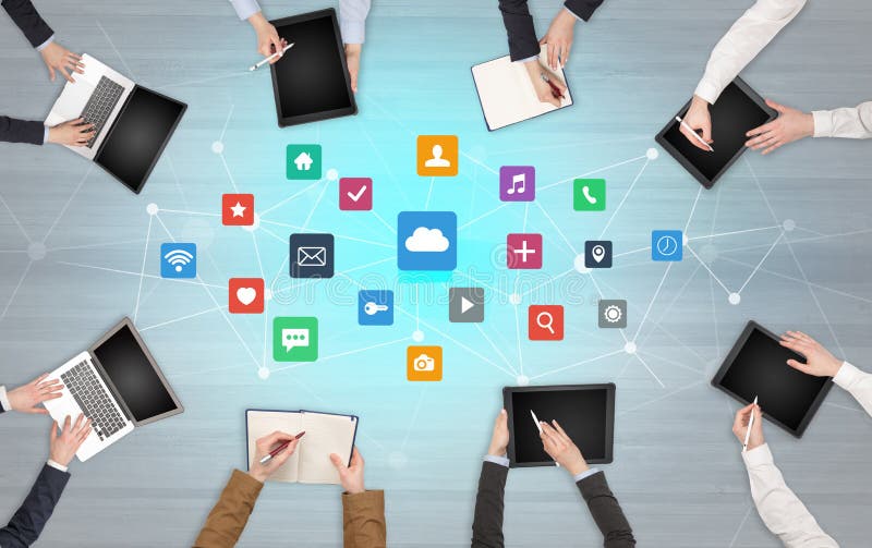 Group of People with Devices in Hands Working on Laptops and Tablets ...
