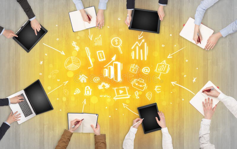 Group of People with Devices in Hands Working on Laptops, Tablets in ...