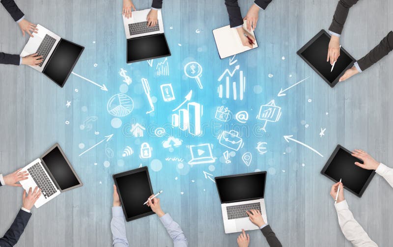 Group of People with Devices in Hands Working on Laptops, Tablets in ...