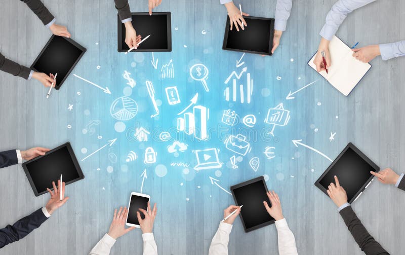 Group of People with Devices in Hands Working on Laptops, Tablets in ...